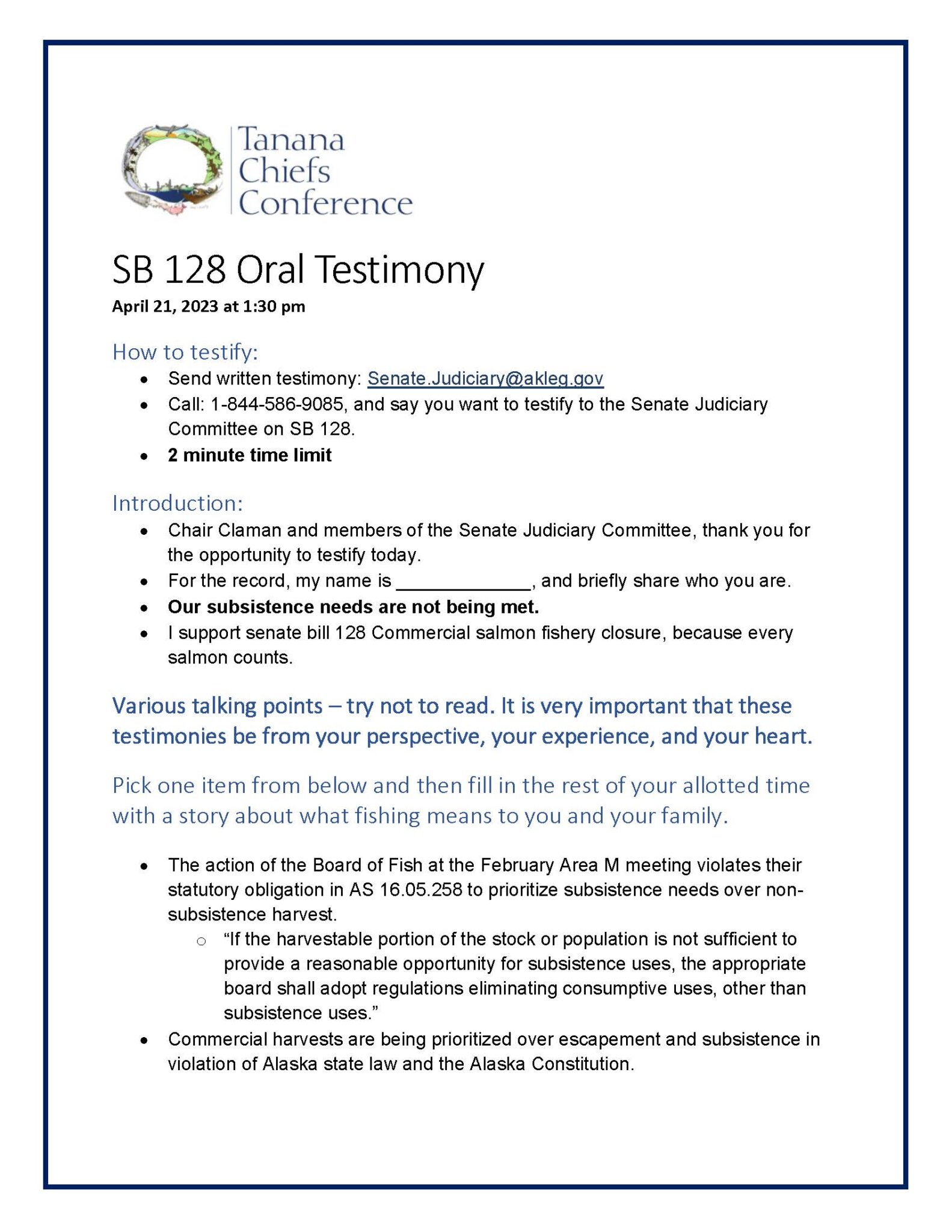 SB 128 Oral Testimony – Tanana Chiefs Conference